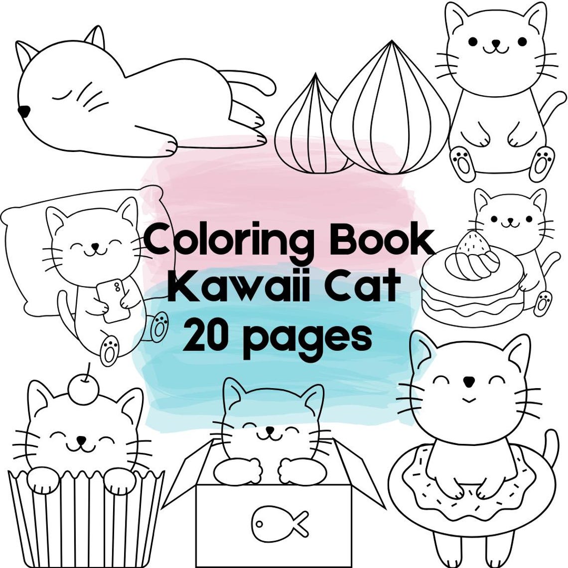 Coloring Book Kawaii Cat 20 Pages PDF A4 Format, Kids Coloring Pages ...