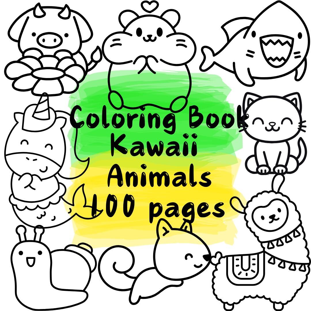 100 Pages Kawaii Animals PDF Coloring Book - Cute & Simple Designs for ...