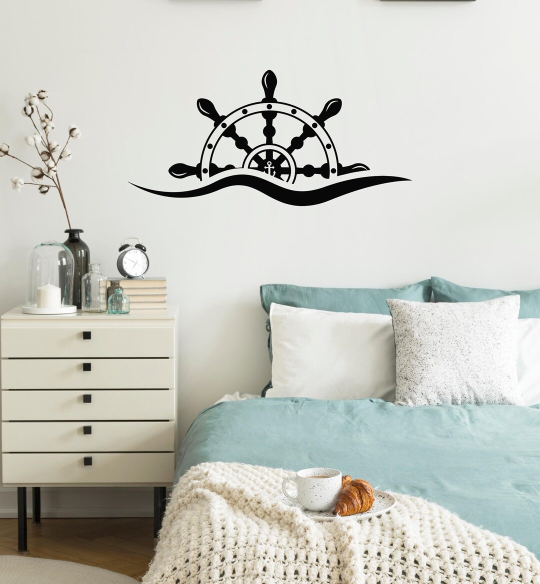 Vinyl Wall Decal With Wave and Ship Wheel Design, Perfect Nautical Wall ...