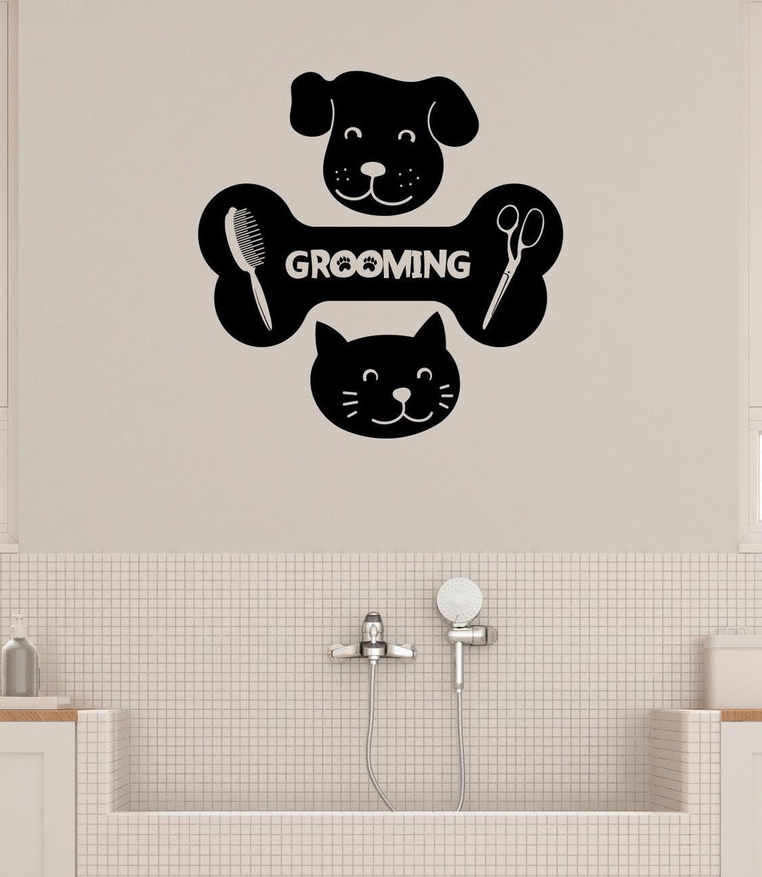 Wall Vinyl Decal Pet Grooming Salon Logo Bone Dog Cat Comb and Scissors ...