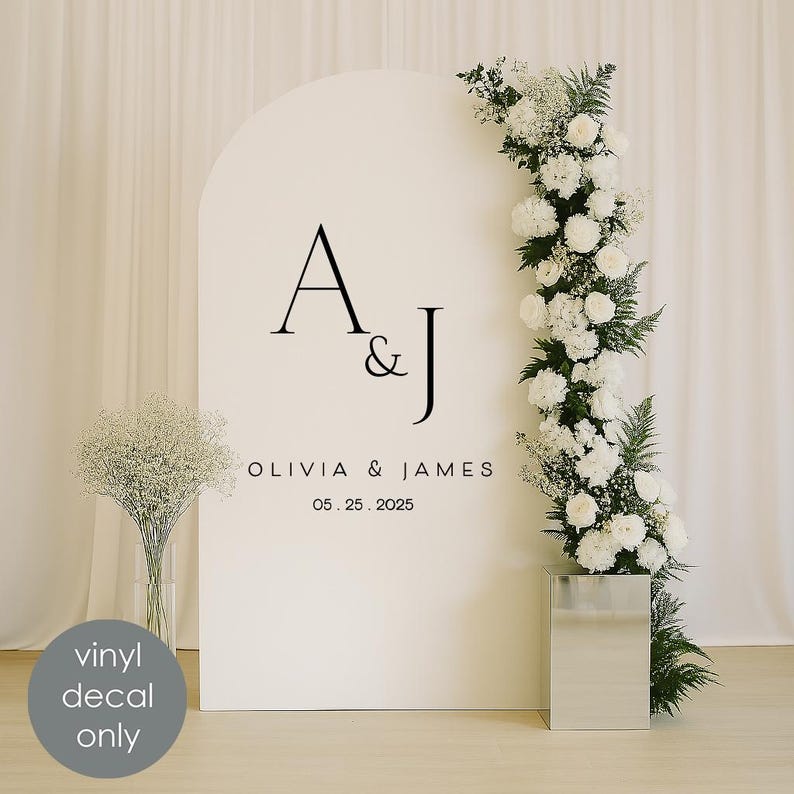 Modern Wedding Monogram Backdrop Decal – Custom Initials, Names & Date ...