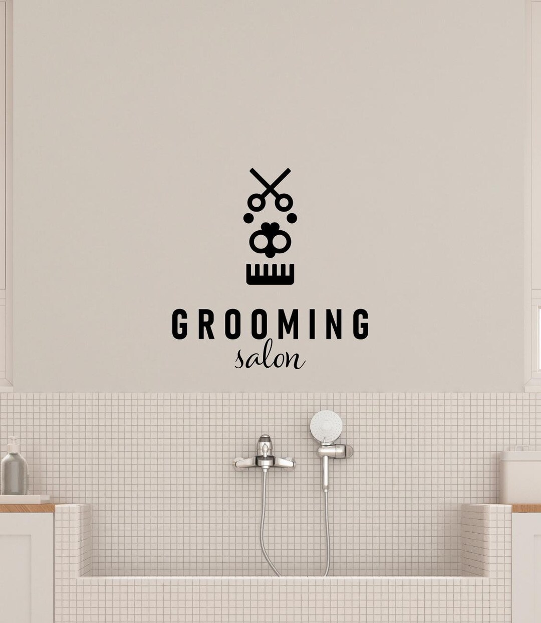 Wall Vinyl Decal Grooming Salon Words Stylish Scissors and Comb Pet ...