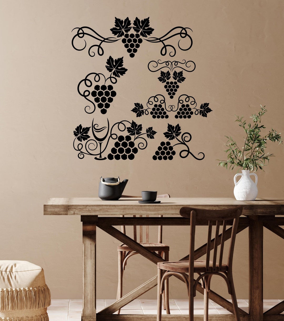 Wall Vinyl Decal Grape Vine Leaves Branch Wine Glass Garden Kitchen ...