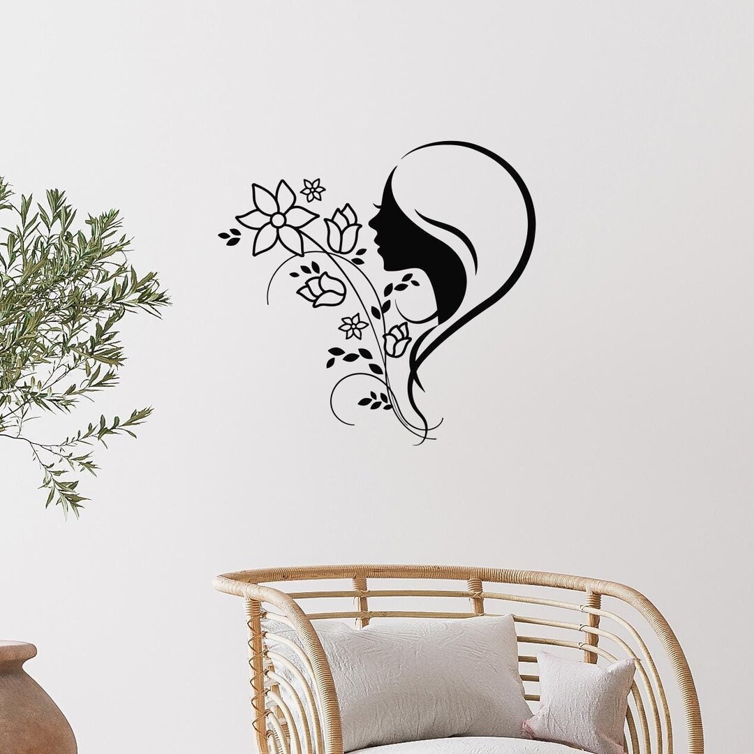 Woman With Floral Motif Vinyl Wall Decal – Elegant Wall Art for Bedroom ...