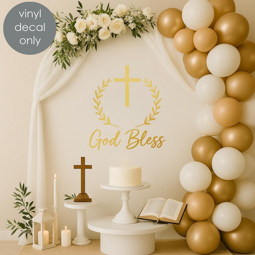Baptism Backdrop Decor God Bless First Communion Vinyl Wall Decal Cross ...