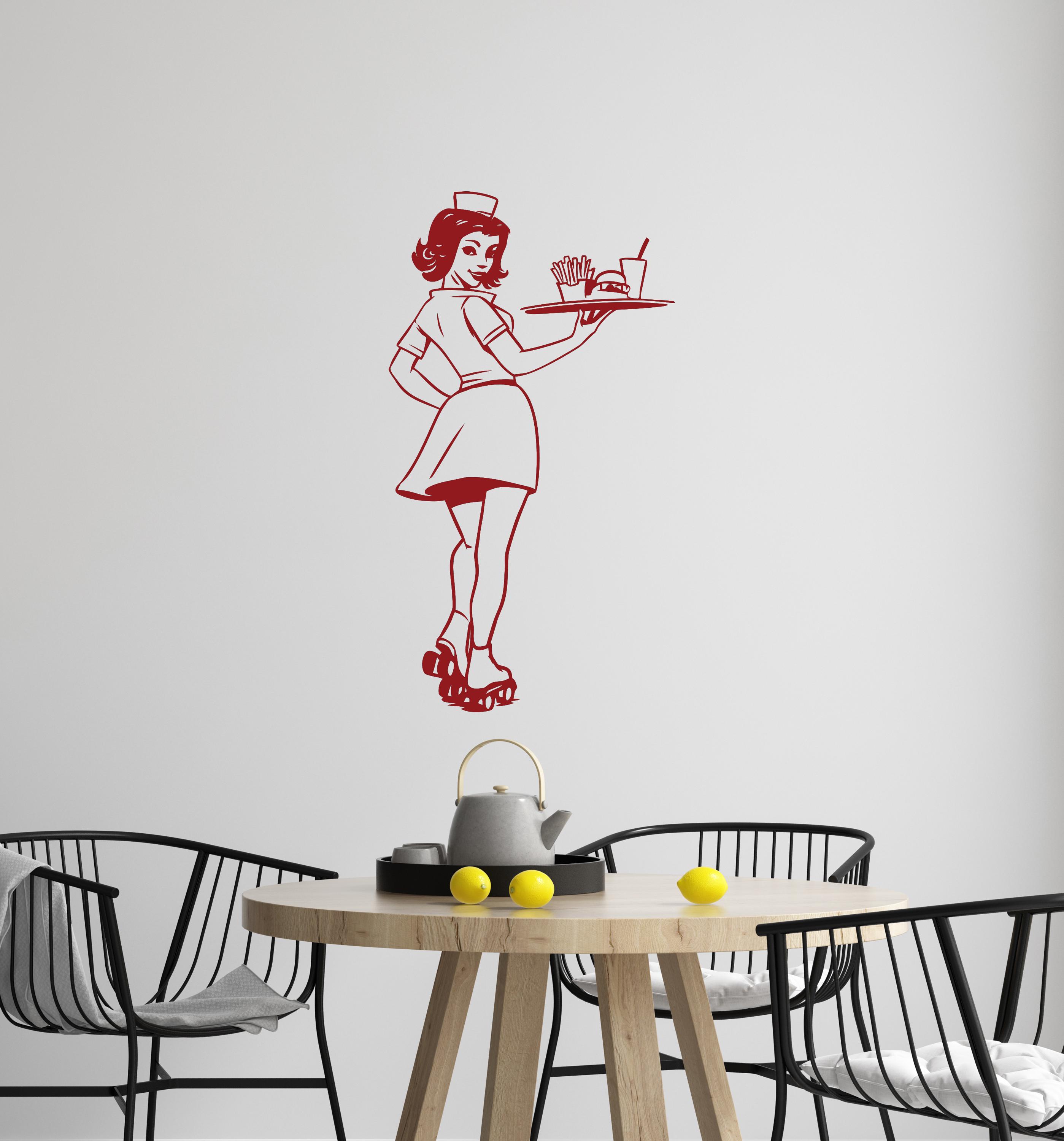 Wall Vinyl Decal Beautiful Retro Girl Waitress Hamburgers Restaurant ...