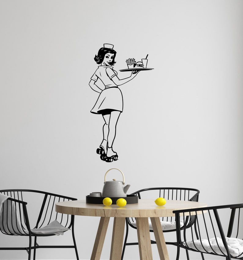 Wall Vinyl Decal Beautiful Retro Girl Waitress Hamburgers Restaurant ...