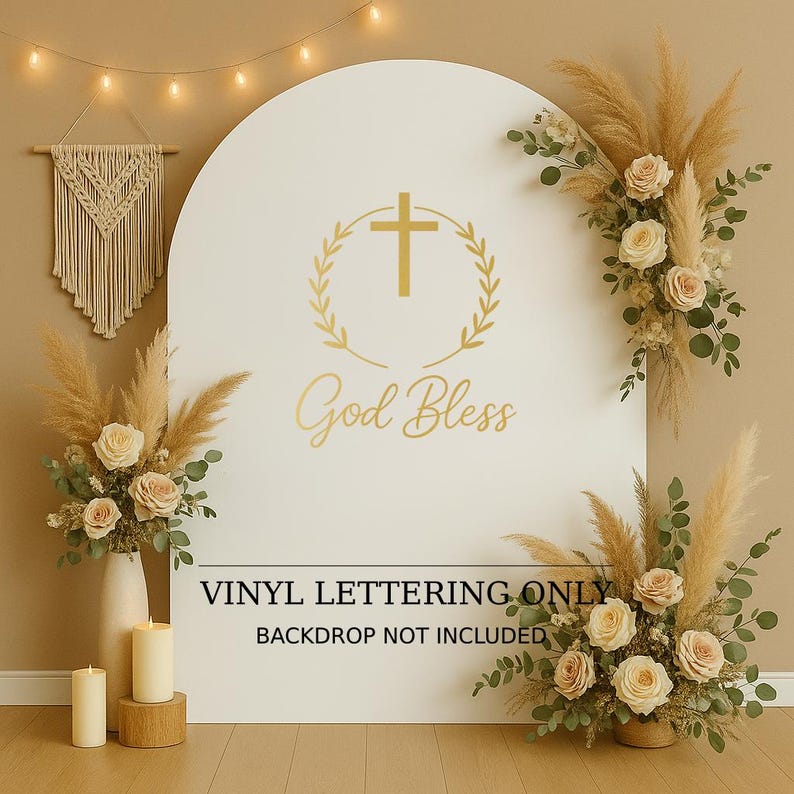 Gold God Bless Vinyl Decal Cross Wreath Backdrop Sticker – Adhesive ...