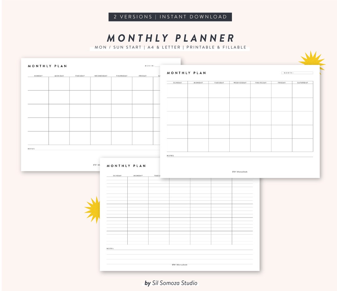 Printable Monthly Planner, Minimalist Monthly Organizer, Month at a ...