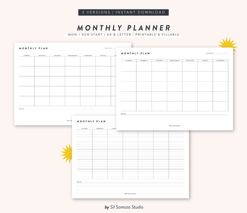 Printable Monthly Planner, Minimalist Monthly Organizer, Month at a ...