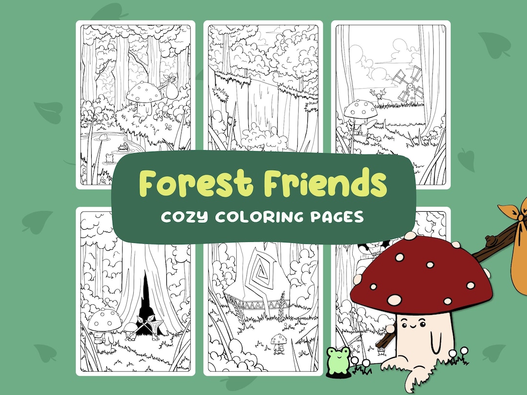 Forest Friends - Cute Cozy Coloring Pages, Hand-drawn Kawaii Designs, 6 ...