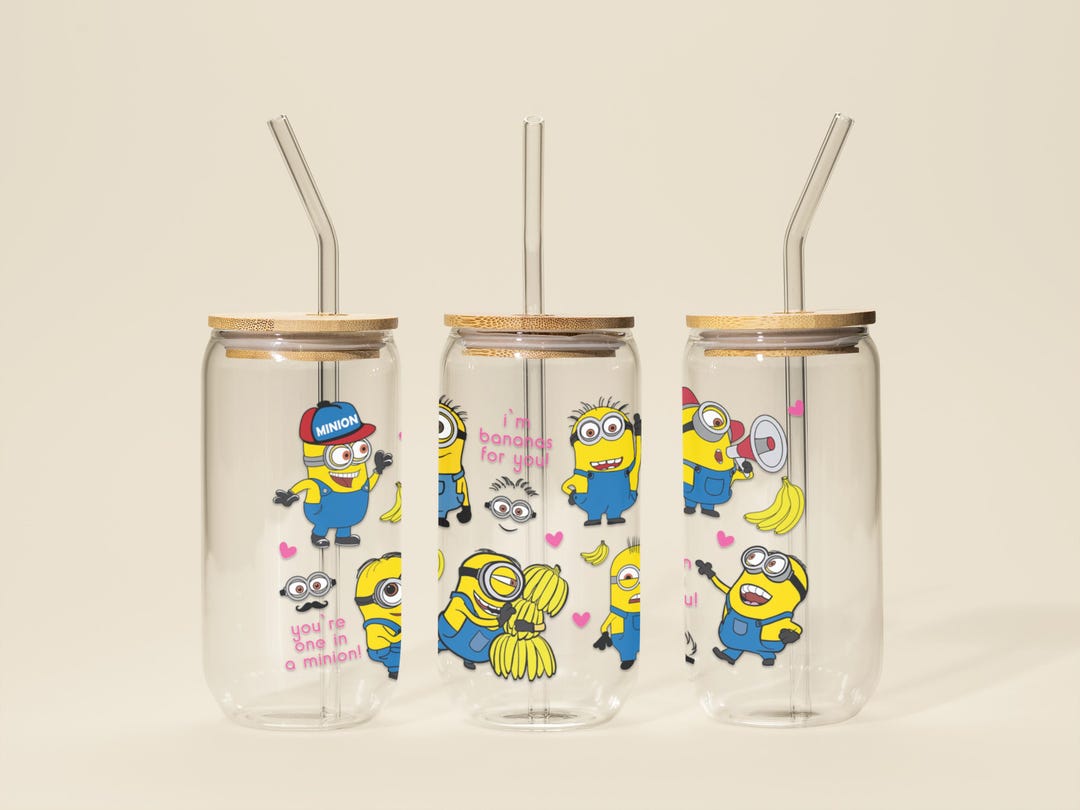 Minions Glass Can: 16oz Tumbler With Bamboo Lid & Straw - Etsy