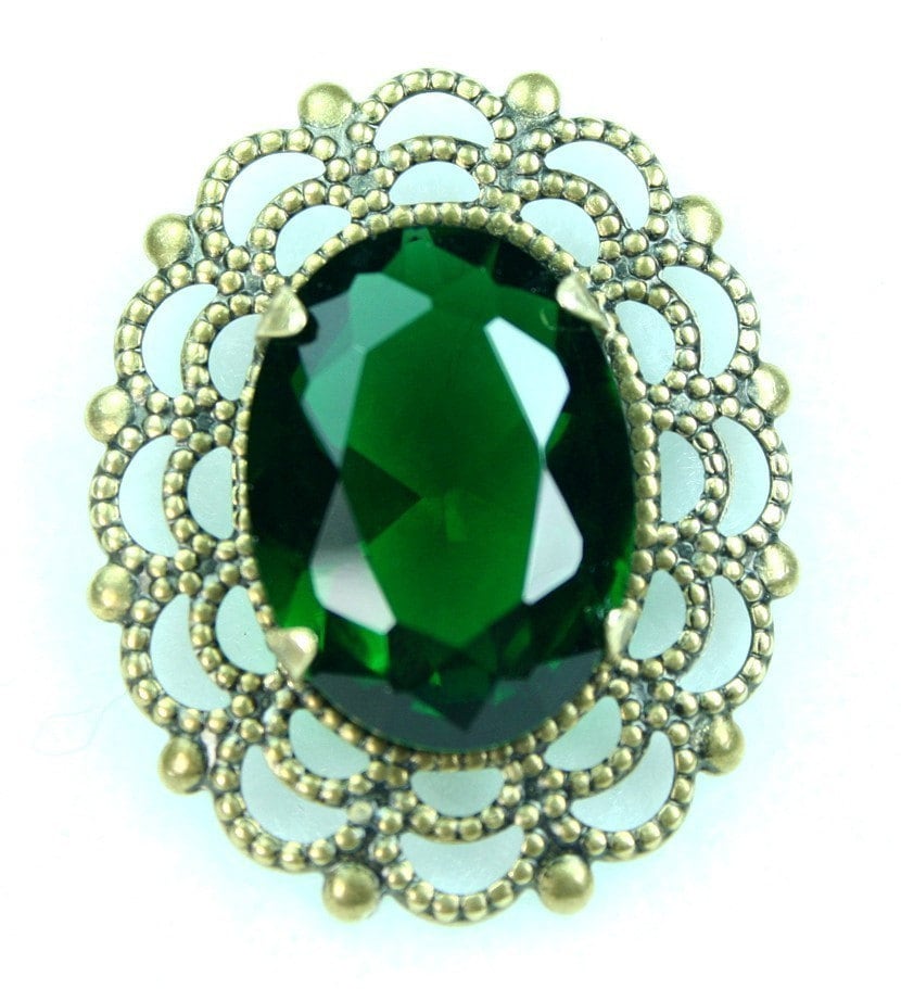 Emerald Green Glass Jewel Antique Brass Filigree Pendant 1 Pc - Etsy
