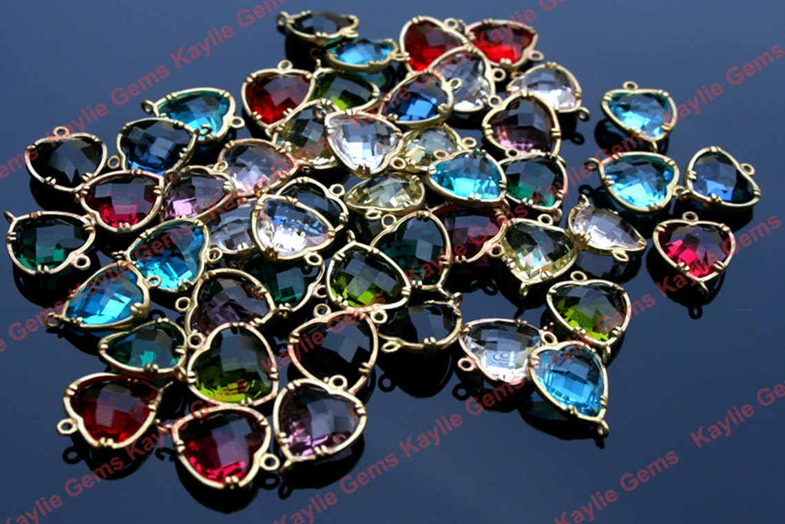Faceted Heart Glass Jewel Checker Cut Connector Link Charm 12x16m Brass ...