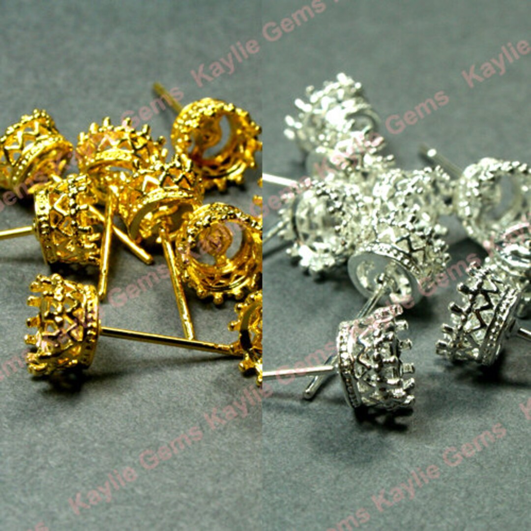 4pcs Crown Edged Earring Stud Post Setting Fit 6mm With Backing Gold ...