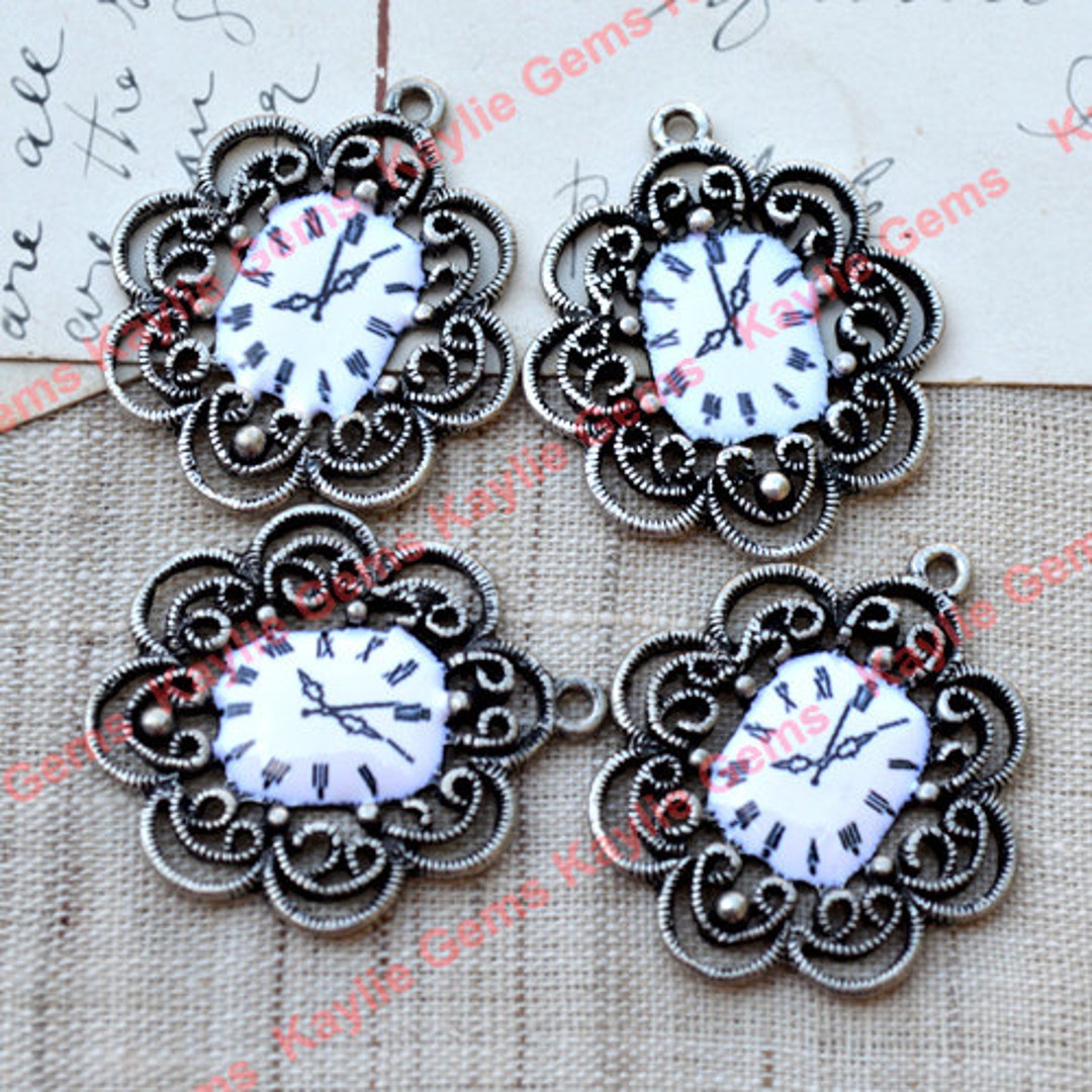 Old Stock Filigree Clock Charm Pendant Antique Silver - 4pcs - Limited ...