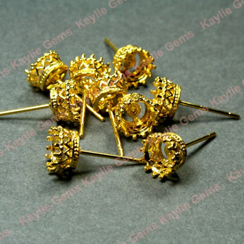 4pcs Crown Edged Earring Stud Post Setting Fit 6mm With Backing Gold ...