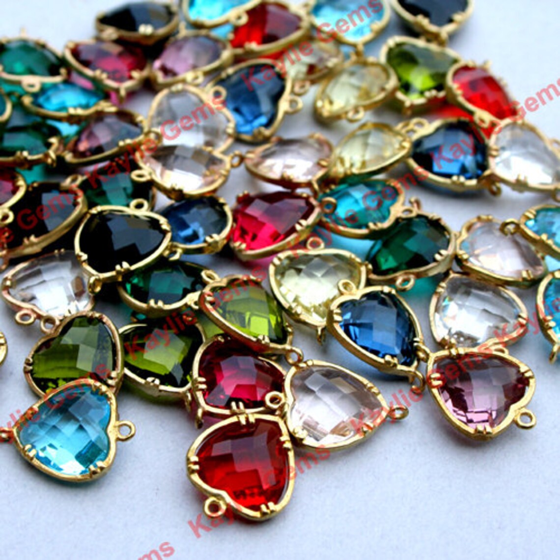 Faceted Heart Glass Jewel Checker Cut Connector Link Charm 12x16m Brass ...
