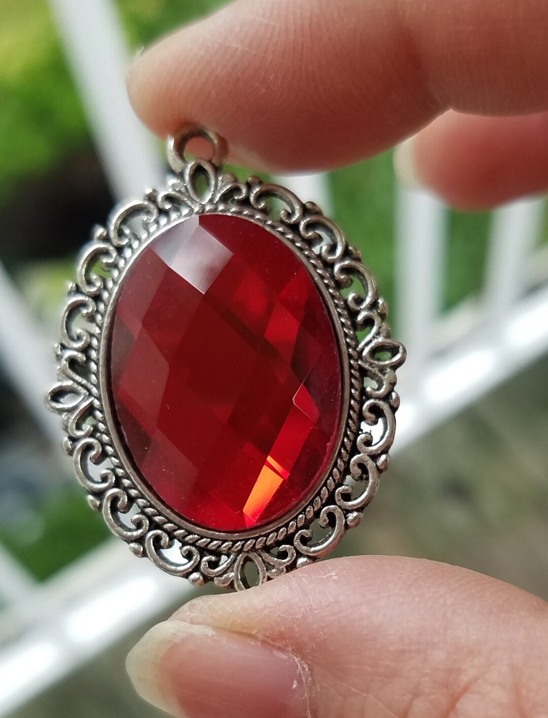 Stunning Ruby Glass Jewel Pendant Victorian Style Old Silver Brass ...