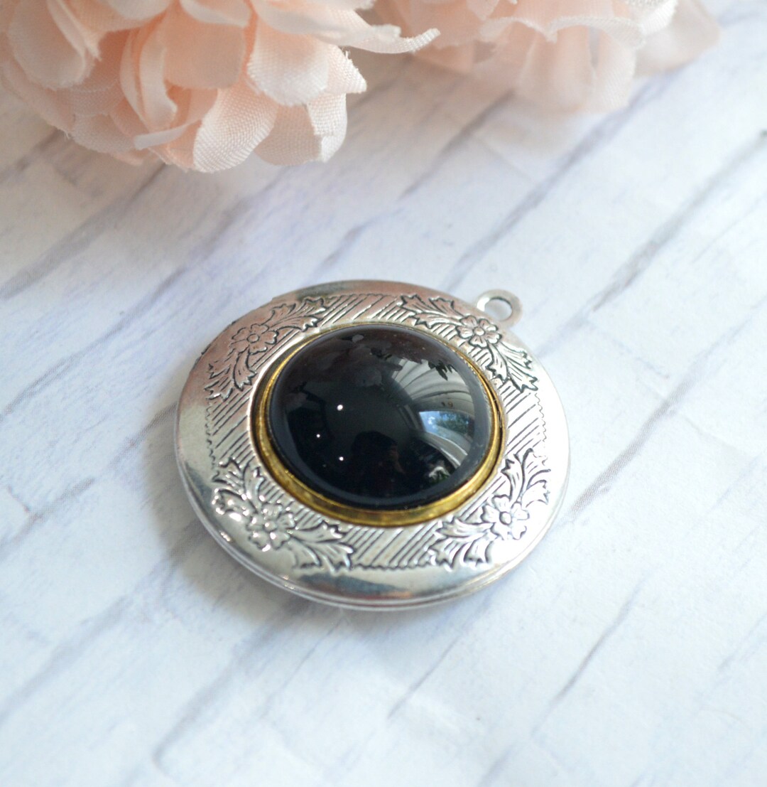 Locket Pendant Oxidized Silver Black Glass Antique Victorian Style 1 Pc ...