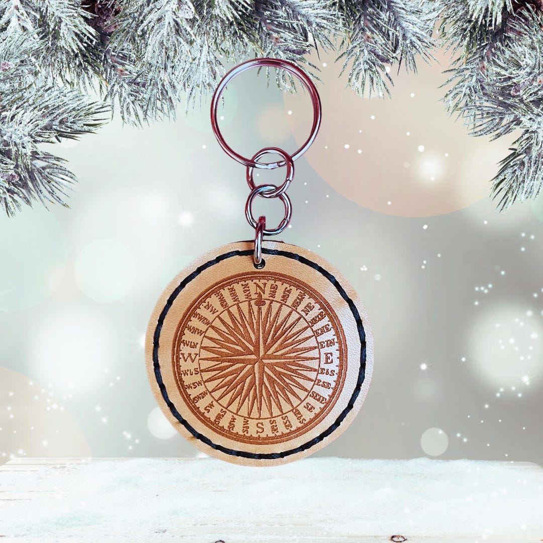 Double-sided Round Compass Rose Key Ring in Laser-engraved and Hand ...