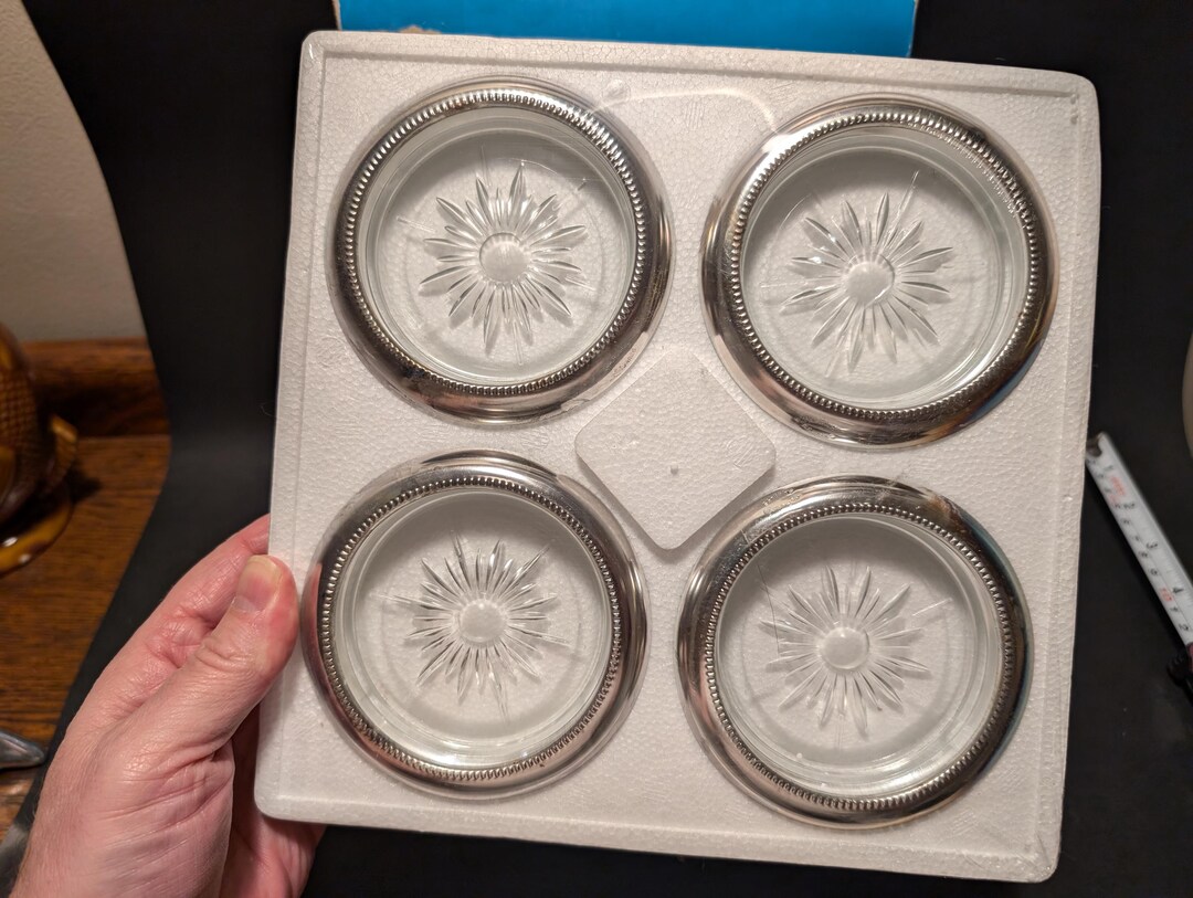 Vintage Silver and Crystal Coaster Set New Old Stock in Box - Etsy