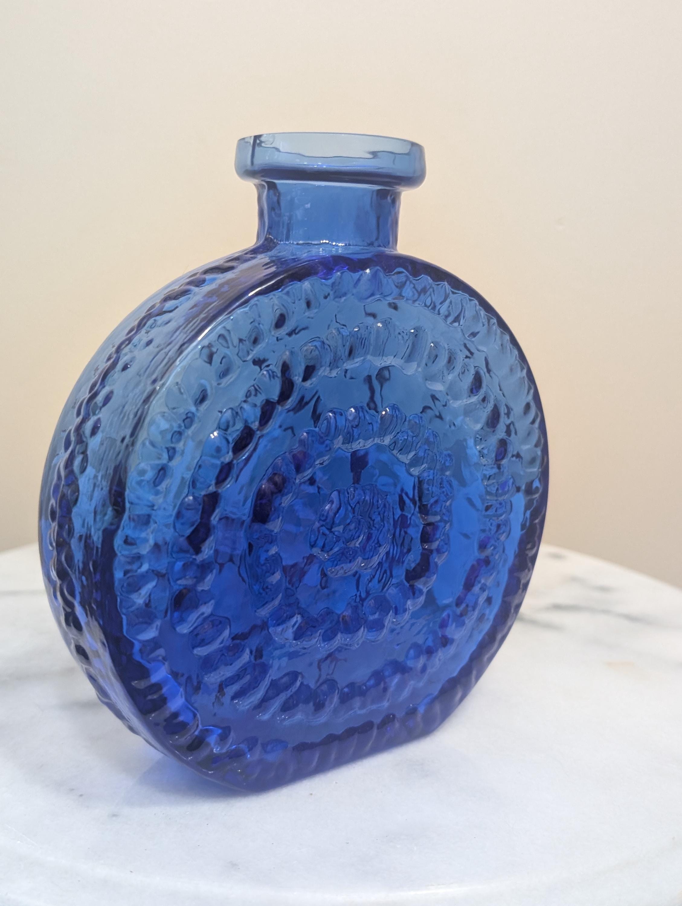 Vintage Cobalt Blue Banjo Type Round Bottle Vase - Etsy