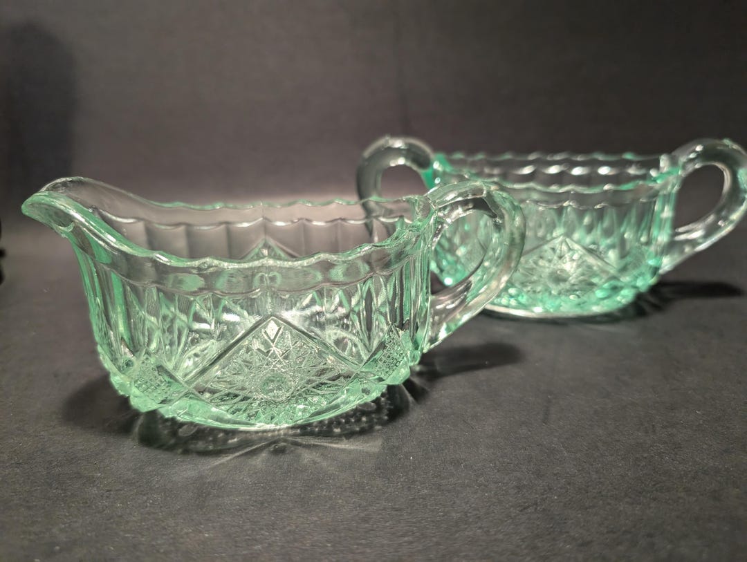 Vintage Green Uranium Depression Cream and Sugar Set Pressed Scalloped ...