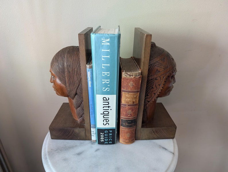 Set of Vintage Aymara Native Hand Carved Wood Head Bust Bookends South ...