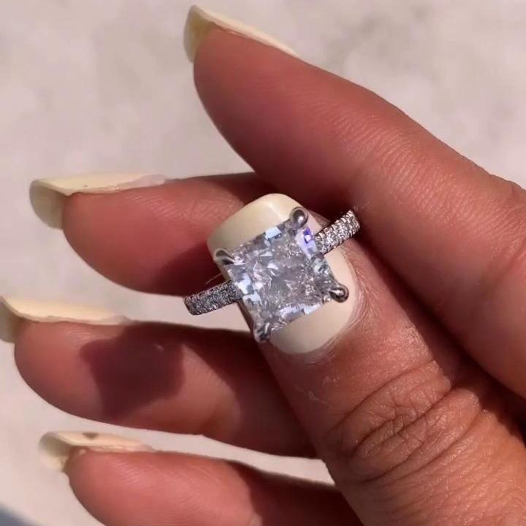 Princess Cut Hidden Halo Lab Grown Diamond Engagement Ring Sterling ...