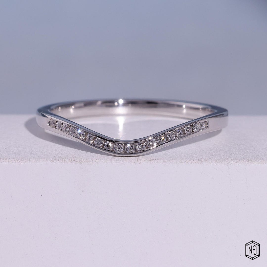Minimalist Wave Wedding Ring, Curved Half Eternity Diamond Band, 14k ...