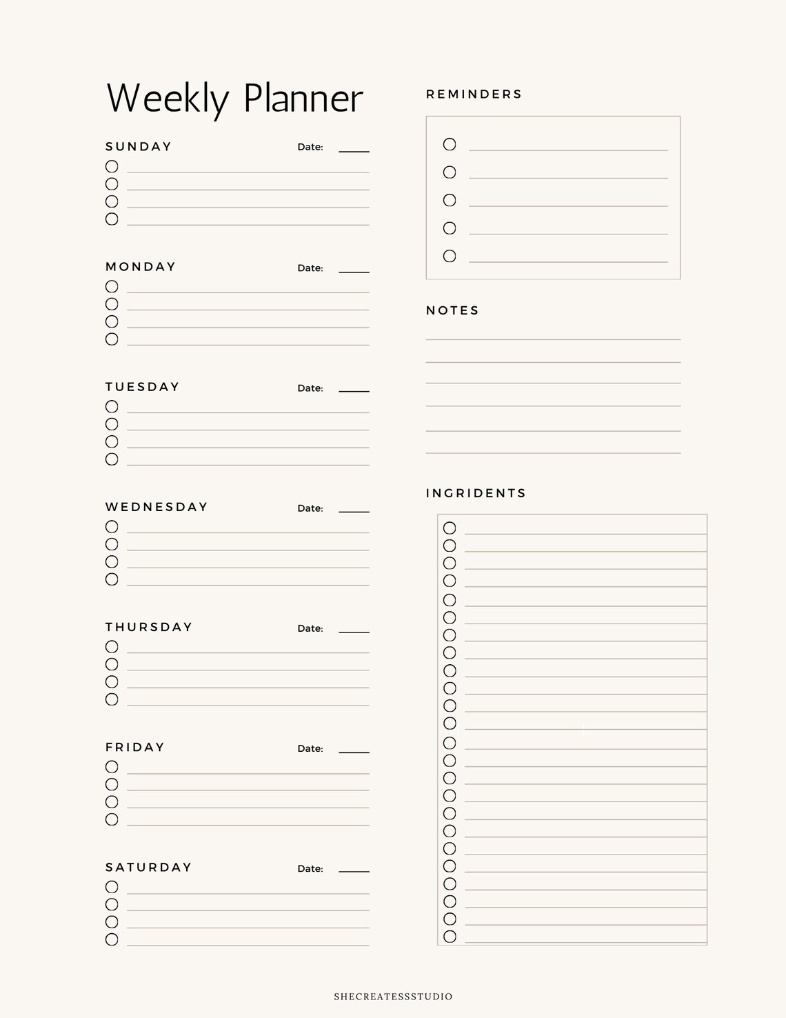 Weekly Planner Template - Printable With Reminders, Notes ...