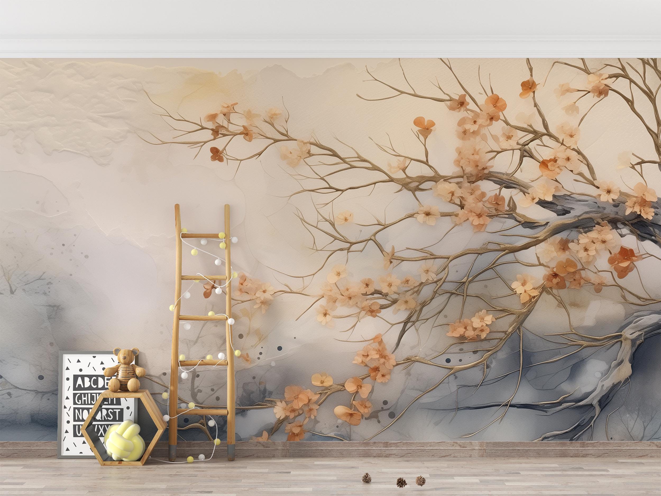 Blossom Tree Branches Mural, Peel and Stick Beige Flowers Wallpaper ...