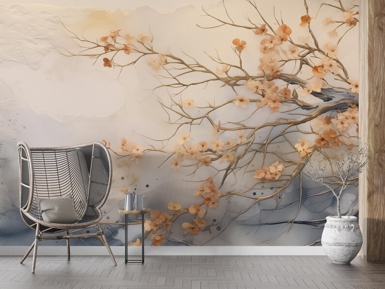 Blossom Tree Branches Mural, Peel and Stick Beige Flowers Wallpaper ...