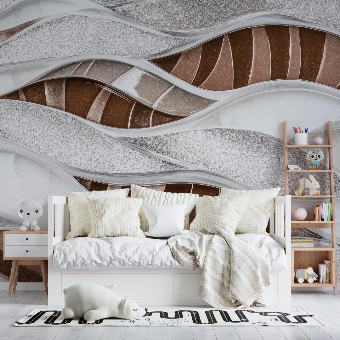 Abstract Wavy Wall Mural, Peel and Stick White and Brown Modern Wall ...