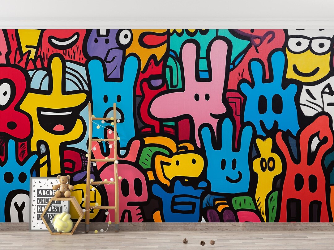 Doodle Cartoon Wallpaper Mural: Colorful Playroom Peel and Stick - Etsy