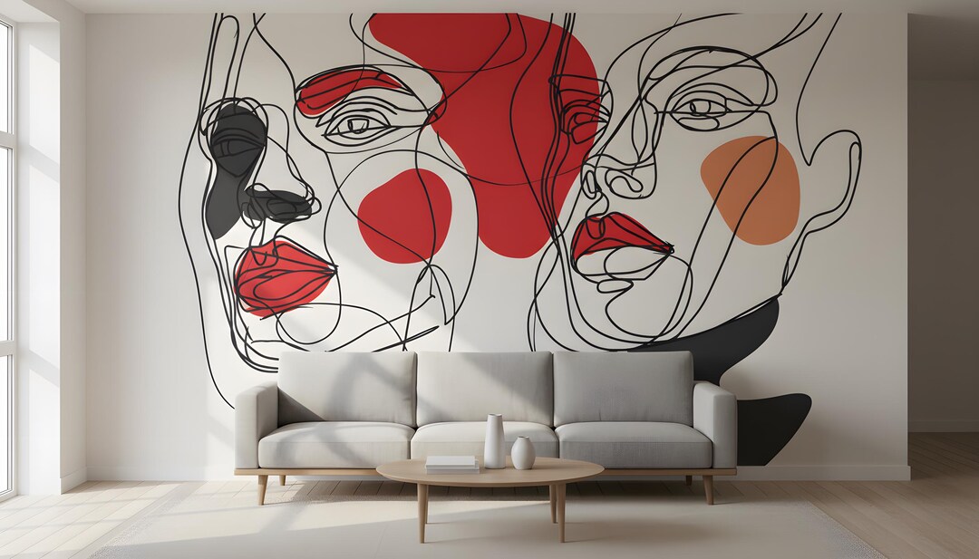 Abstract Line Art - Modern Face Line Mural | Bold Minimalist Wall Decor ...