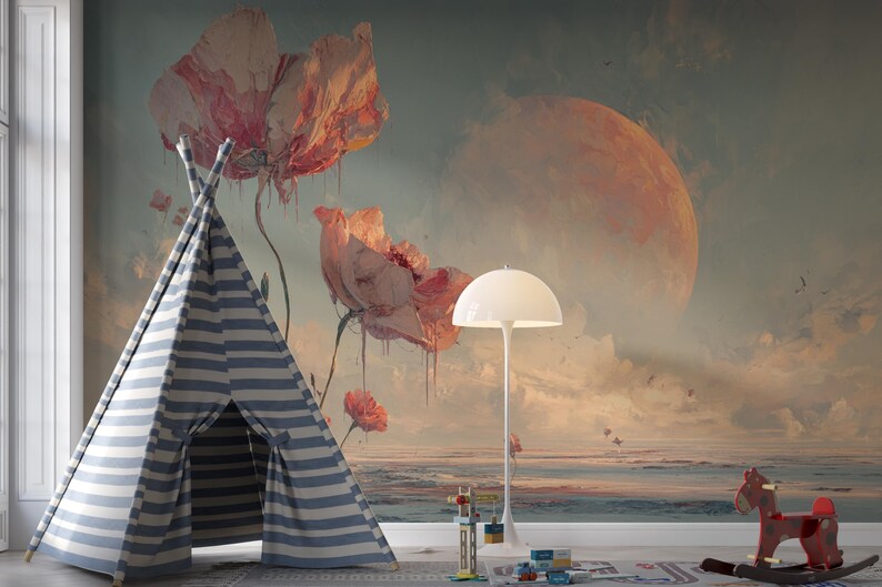 Surreal Floral Wallpaper Mural Dream Desert Moonscape Wall Art Etsy