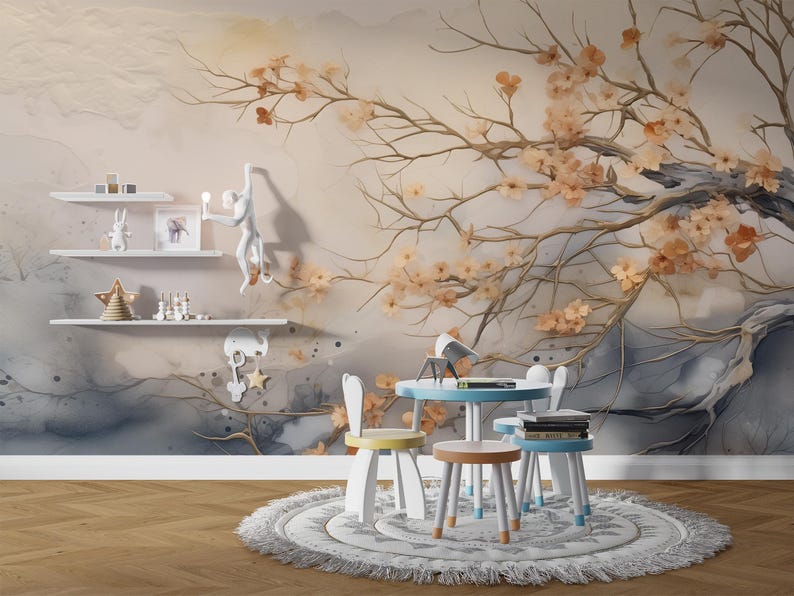 Blossom Tree Branches Mural, Peel and Stick Beige Flowers Wallpaper ...