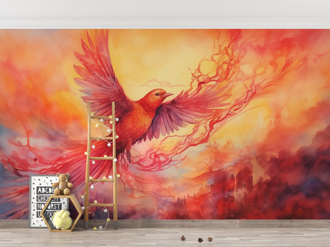 Phoenix Wall Mural, Peel and Stick Colorful Fire Bird Wallpaper, Kids ...