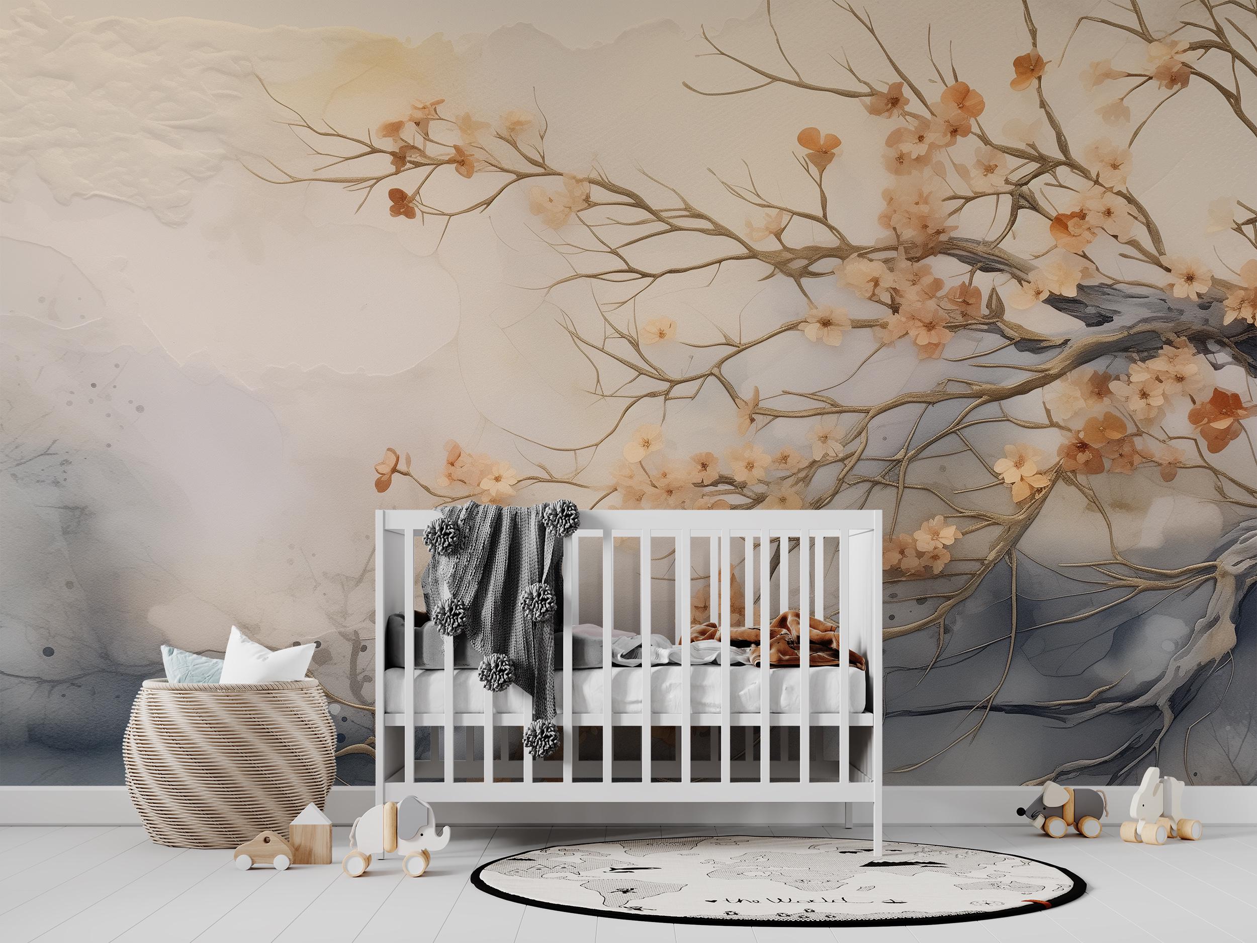 Blossom Tree Branches Mural, Peel and Stick Beige Flowers Wallpaper ...