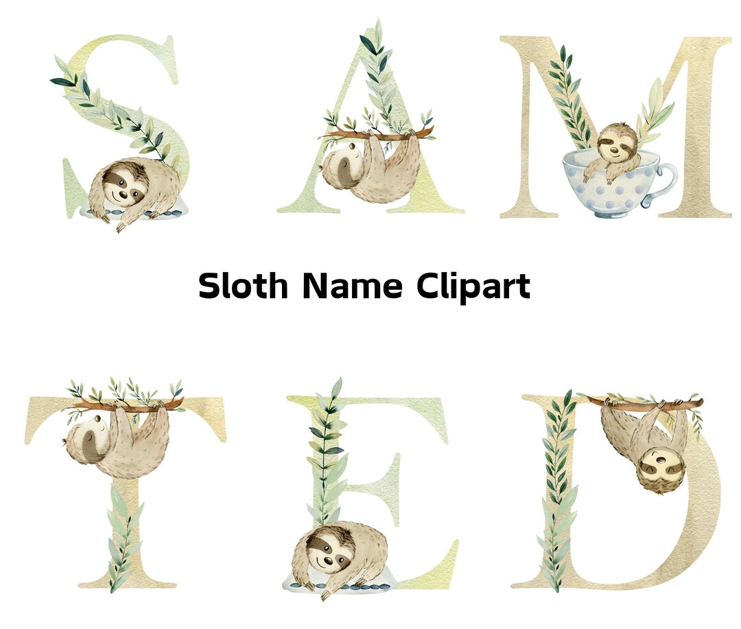 Personalized Sloth Name Clipart, Cute Sloth Alphabet Letters, Digital ...