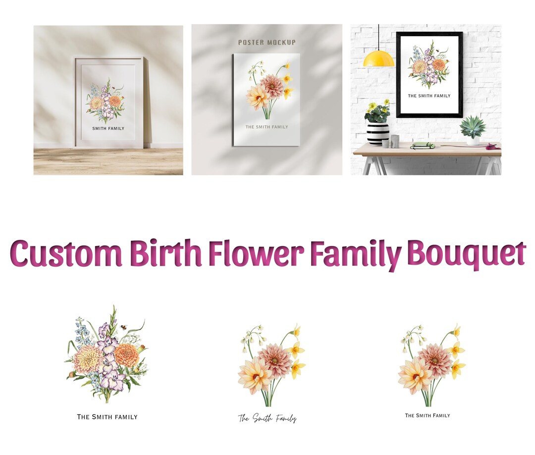 Custom Birth Flower Family Print, Personalized Floral Art, Family Name ...