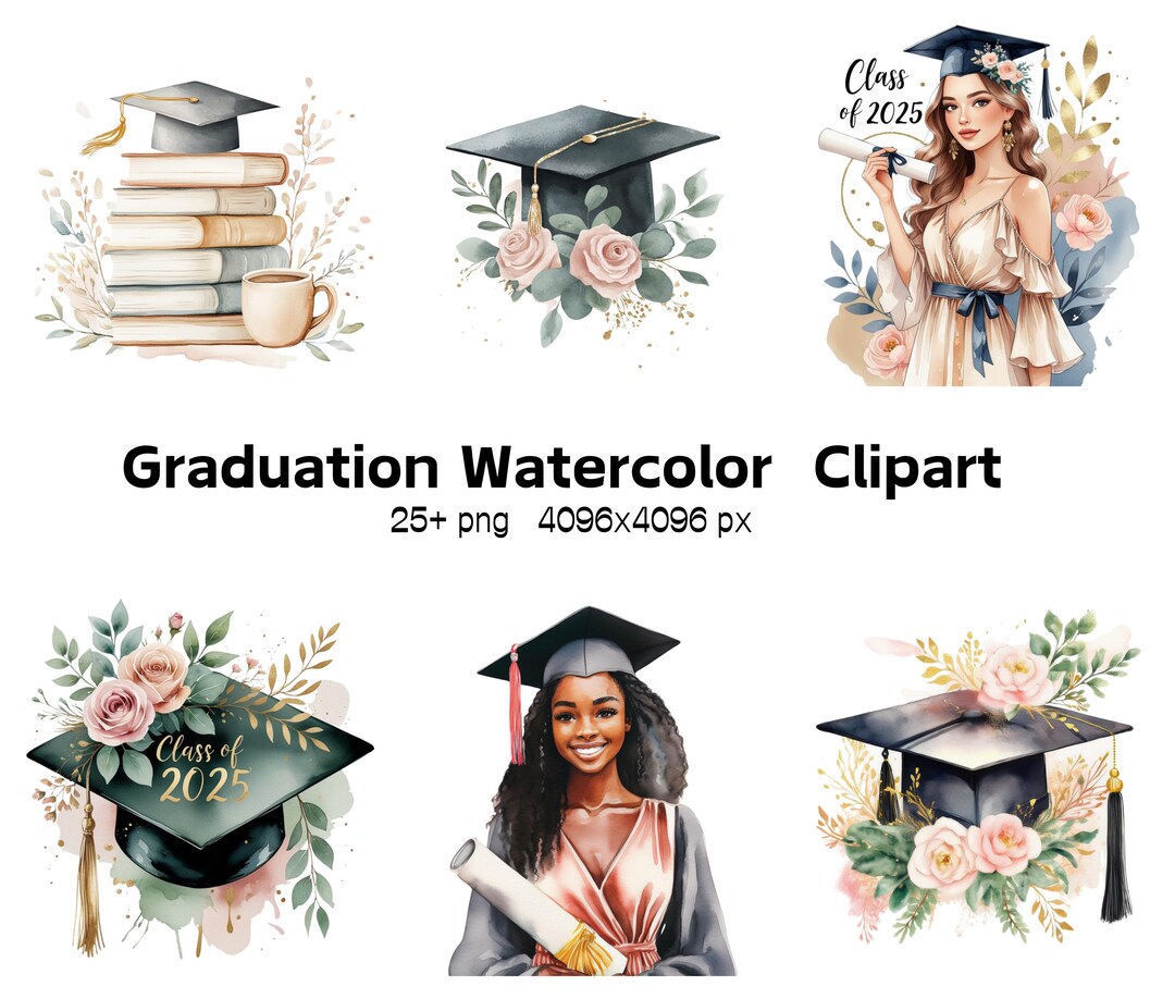Graduation Watercolor Clipart, Class of 2025 PNG, Graduation Cap ...