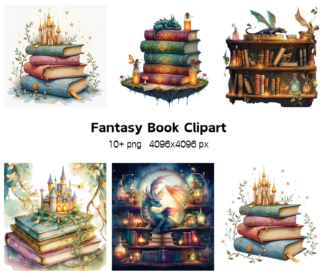 Fantasy Book Clipart, Enchanted Library PNG, Magical Books & Dragons ...