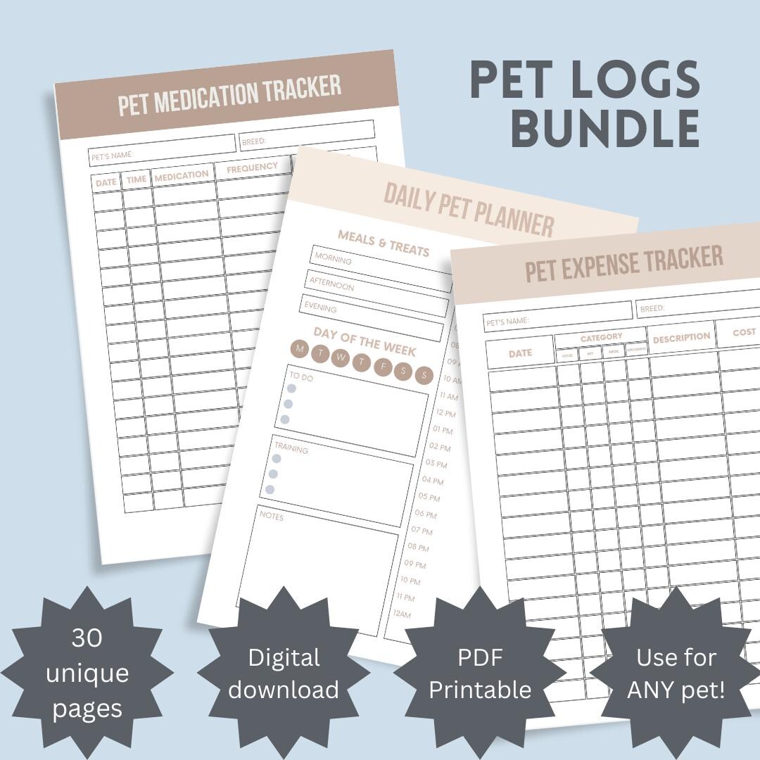 Expense Pet Medication Log Tracker Bundle for Animal Owner - Finance ...