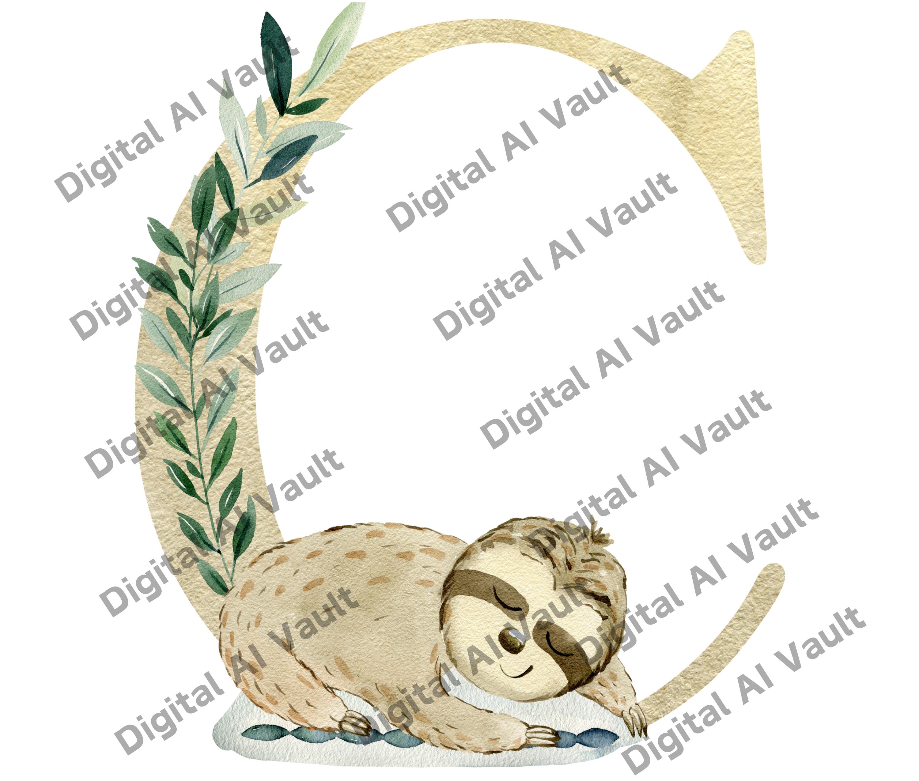 Personalized Sloth Name Art: Watercolor Alphabet Letters (digital ...