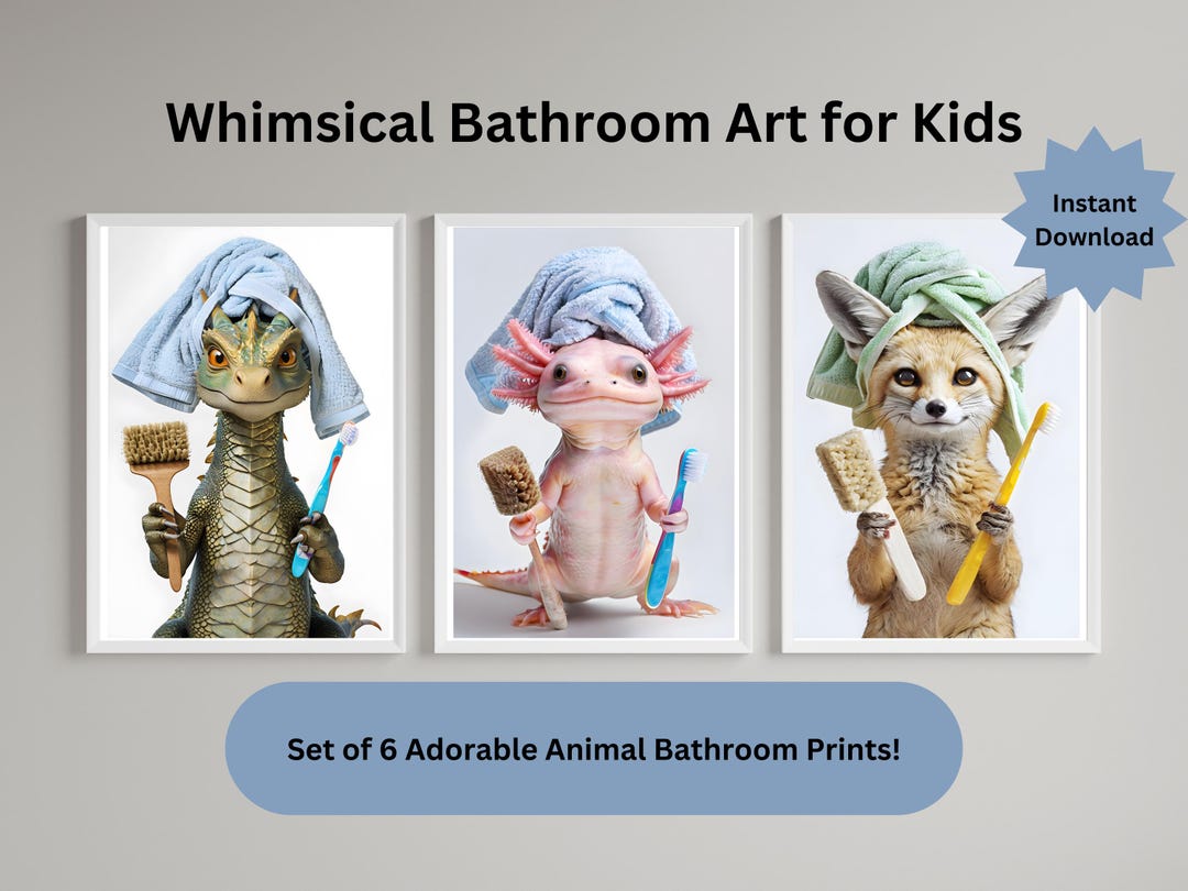 Printable Bathroom Wall Art Decor for Animal Lover, Quirky Animal Bathroom Digital Art, Cute ...