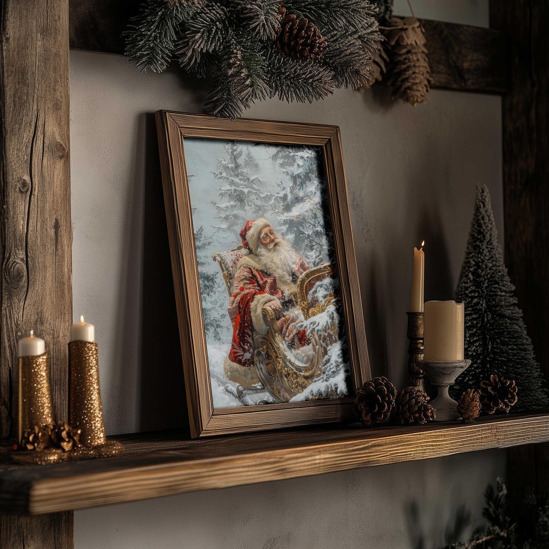 A Detailed Santa in Ornate Red Robe and Fur Trim Riding a Golden Sleigh ...