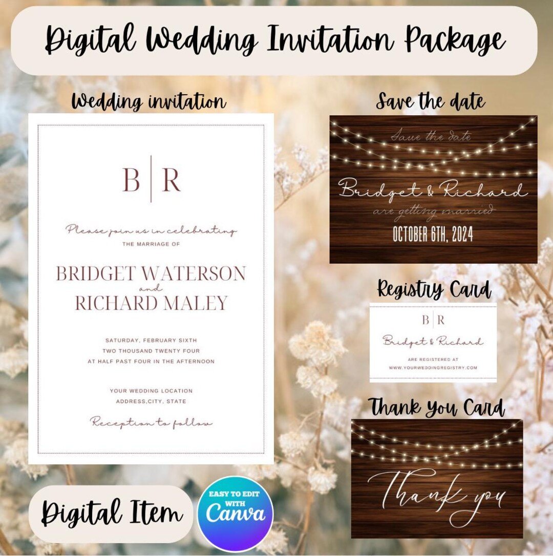 Beautiful Simple Rustic Wedding Invitation Package *DIGITAL* Item With ...